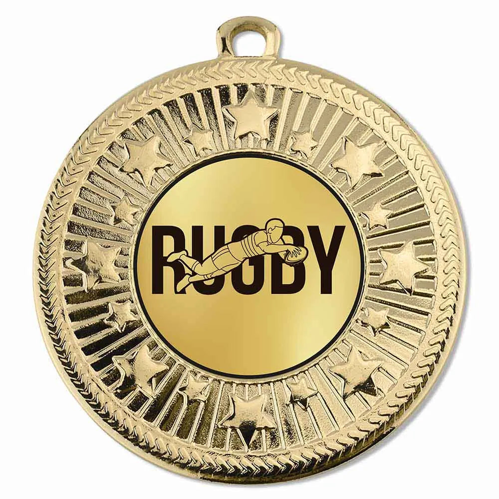 Gold Rugby Word Action Male Medal | Broadway Trophies & Engraving